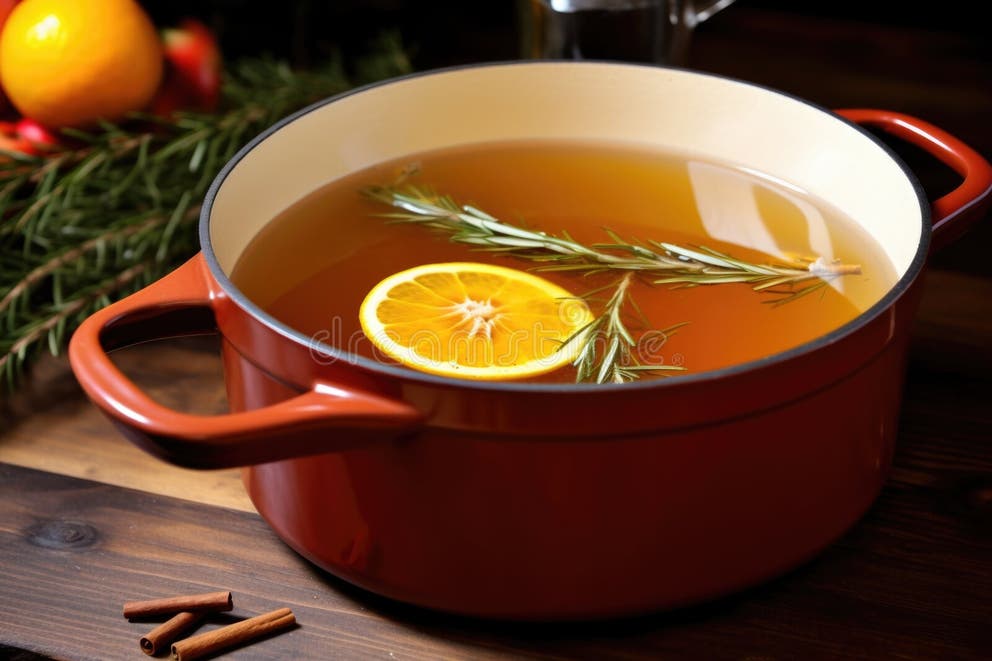 Simmering Pot of Mulled Cider with Lid Partially Opened Stock ...