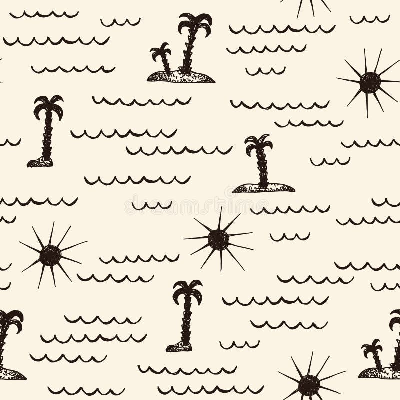 Simple Abstract Seamless Pattern with Palm, Wave and Sun Stock ...