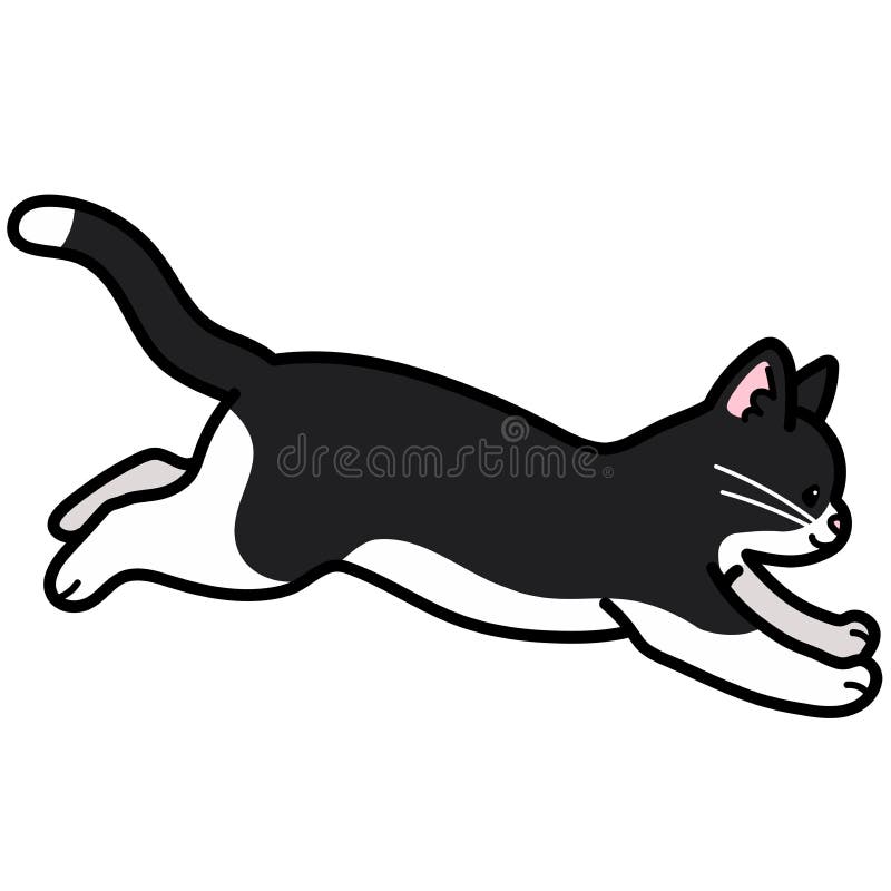 Simple and Adorable Black and White Cat Jumping in Side View Outlined ...