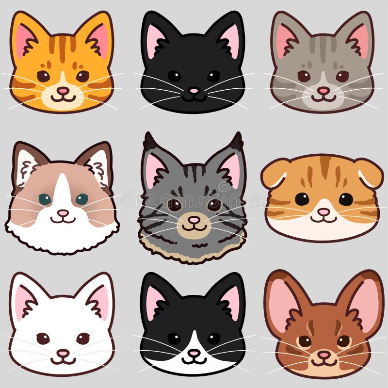 Simple and Adorable Cats Front Faces Set Stock Vector - Illustration of ...