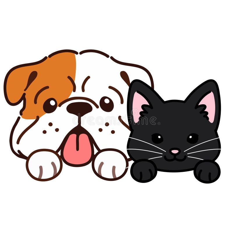 Simple and Adorable Illustration of Bulldog and Black Cat Stock ...