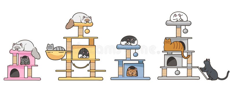Simple and Adorable Illustrations of Cats on Cat Towers Stock Vector ...