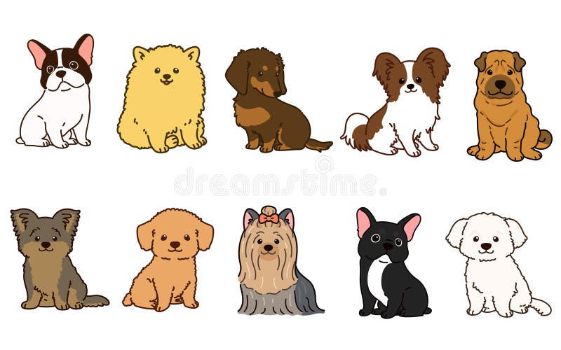 Simple and Adorable Illustrations of Friendly Small Dogs Outlined Stock ...