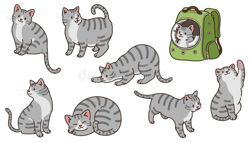 Simple and Adorable Illustrations of Grey Tabby Cat Outlined Stock ...
