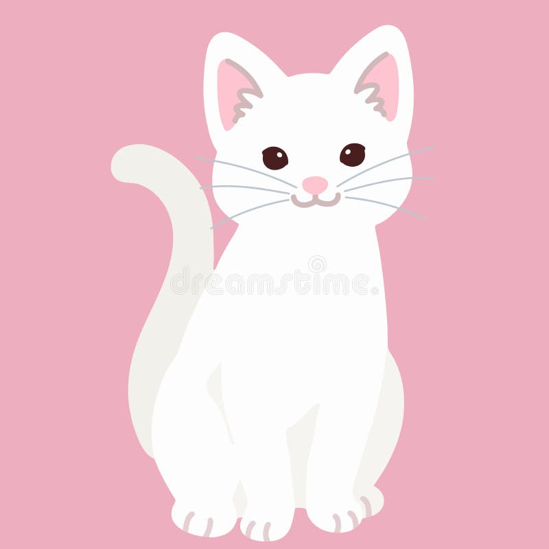 Simple and Adorable White Cat Sitting in Front View Flat Colored Stock ...