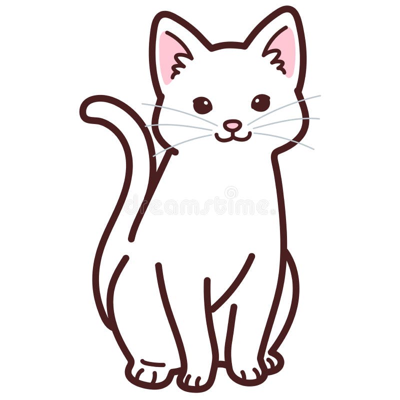 Simple and Adorable White Cat Sitting in Front View Outlined Stock ...