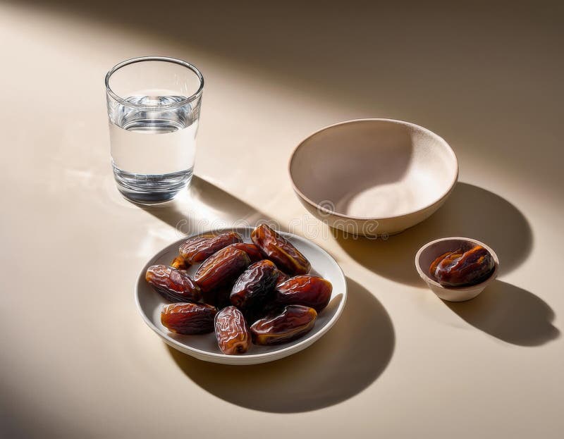 A Simple Arrangement of a Bowl of Dates, a Glass of Water, and a Single ...