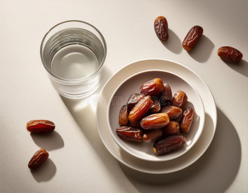 A Simple Arrangement of a Bowl of Dates, a Glass of Water, and a Single ...