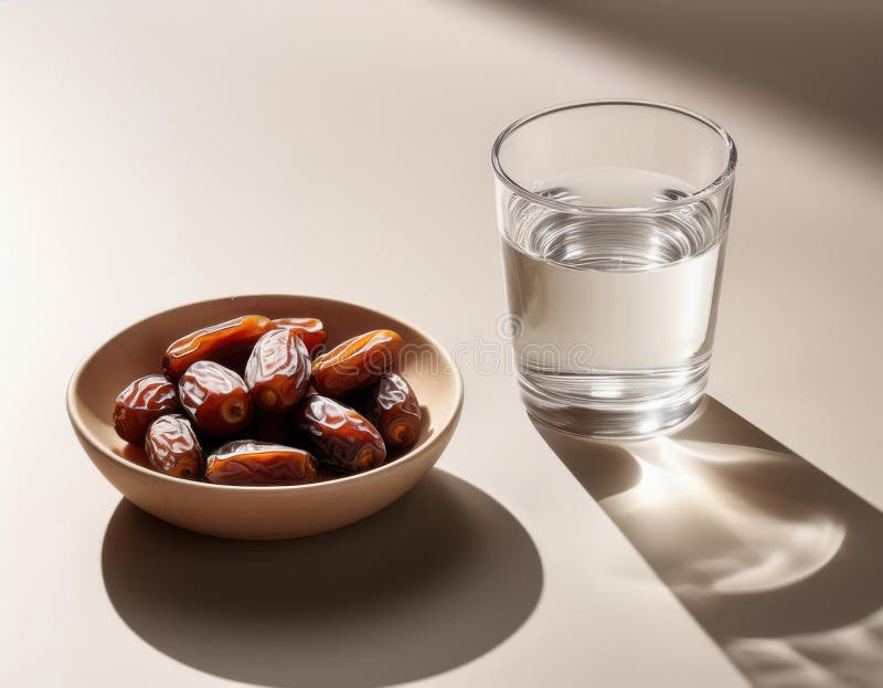 A Simple Arrangement of a Bowl of Dates, a Glass of Water, and a Single ...
