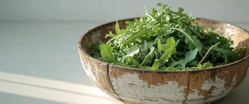 Simple Arugula Salad in Rustic Wooden Bowl. Stock Photo - Image of ...