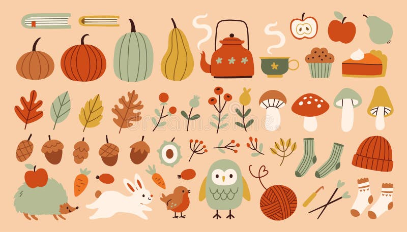 Simple Autumn Cozy Set Fall Hand Drawn Vector Collection Fall Season