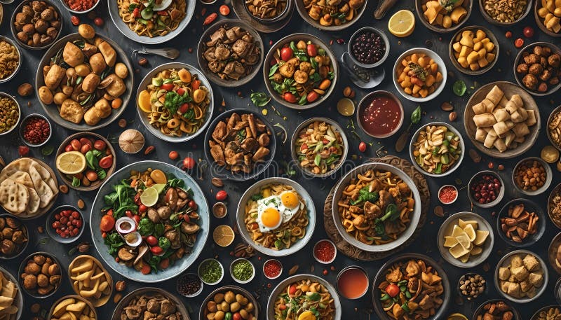 Top View Table Full with Mixed Food. Background Stock Illustration ...