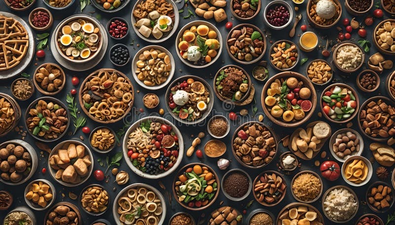 Top View Table Full with Mixed Food. Background Stock Illustration ...