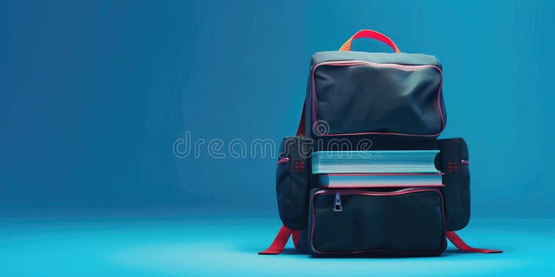 A Simple Backpack with a Bright Red Handle on a Calm Blue Surface Stock ...