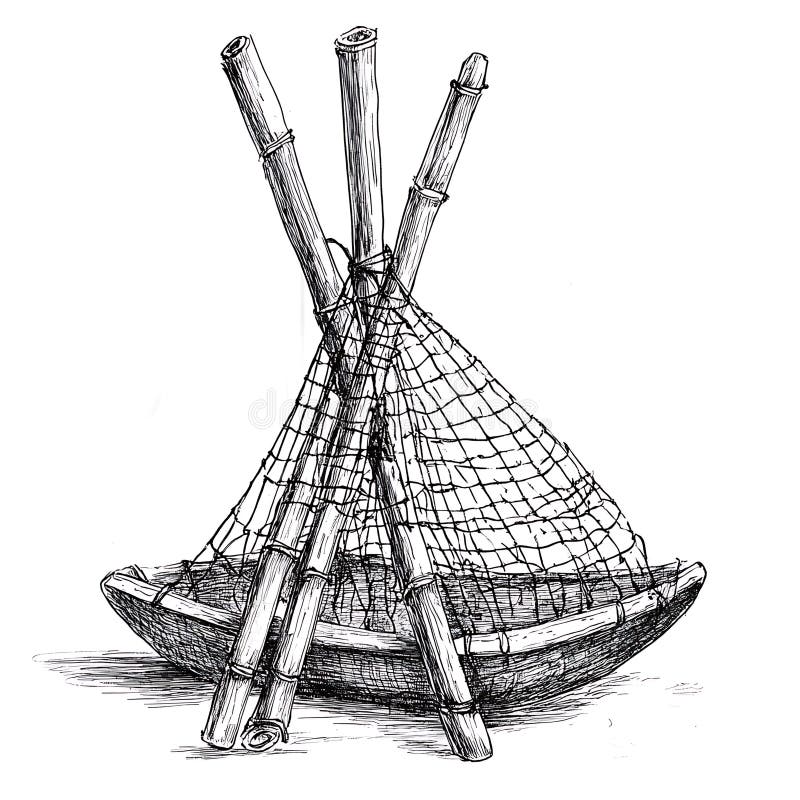 Simple Bamboo Boat with Net Stock Illustration - Illustration of ...