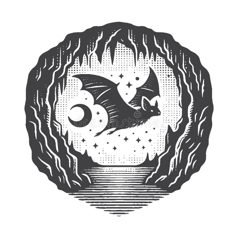 Bat Flying Inside Cave Vintage Retro Vector Logo Design. Stock Vector ...