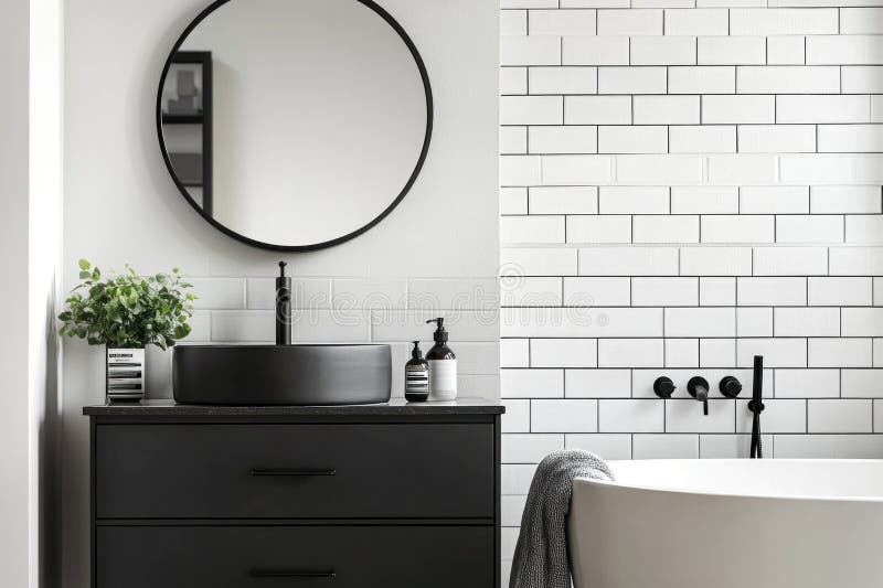 A Simple Bathroom with a Round Mirror in a Classic Black and White ...