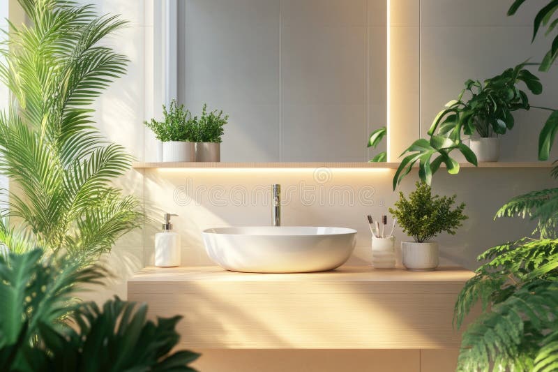 A Simple Bathroom Scene with a White Sink and a Small Plant Next To it ...