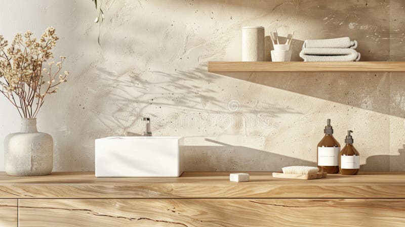 A Simple Bathroom Setup with a Sink and a Wooden Shelf, Ideal for ...