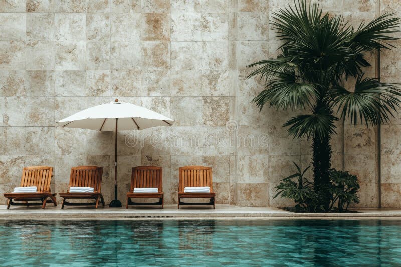 A Simple Beach Resort Featuring Poolside Lounge Chairs and Palm Trees ...