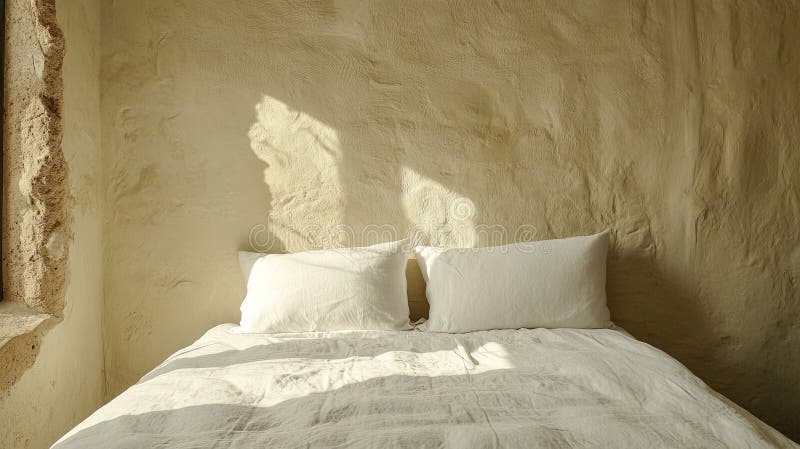 Simple Bed with White Sheets and Textured Beige Wall. Stock Photo ...