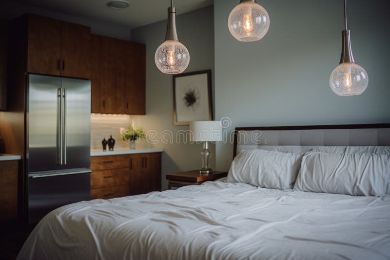 A Simple Bedroom with a Cozy Bed and a Small Refrigerator. Suitable for ...