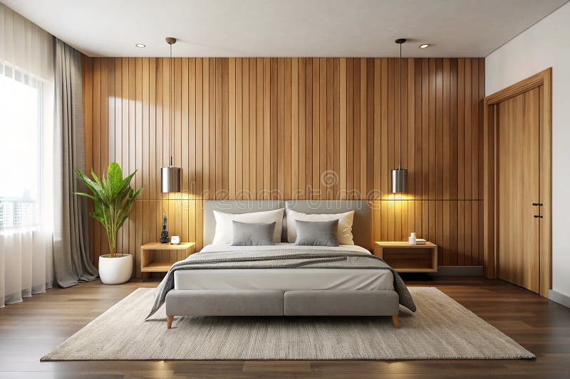 Simple Bedroom Design with Wooden Panels and Blank White Wall Stock ...