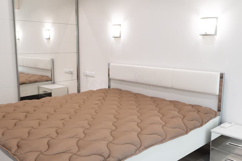 Simple Bedroom Interior with Large Comfortable Bed. Interior ...