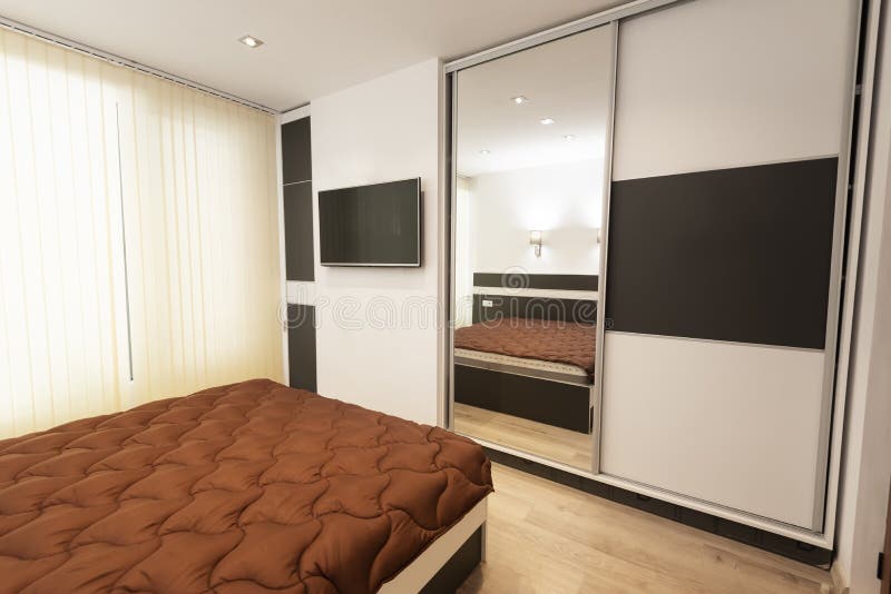 Simple Bedroom Interior with Large Comfortable Bed. Interior ...