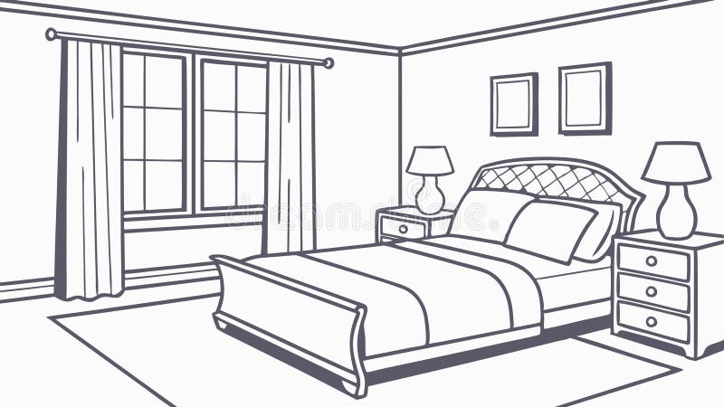 Simple Bedroom with Large Window and Bedside Lamps, Vector Design ...