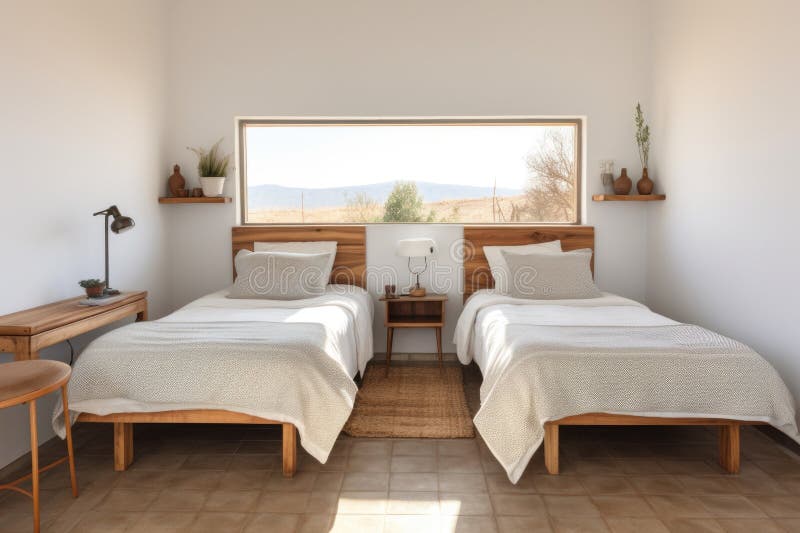 Simple Bedroom with Two Separate, Neatly Made Beds Stock Photo - Image ...