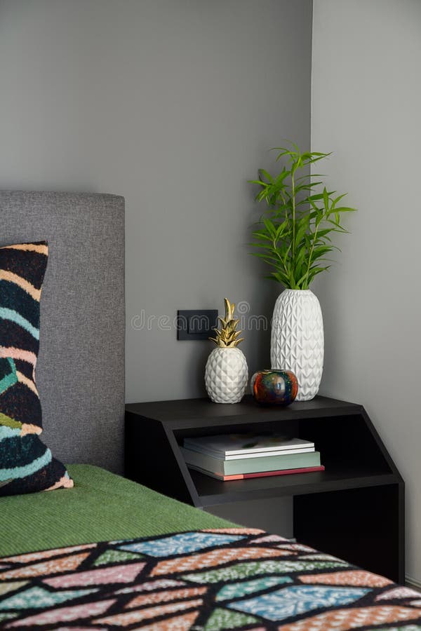 Simple Bedside Table with Stylish Decorations, Close-up Stock Photo ...