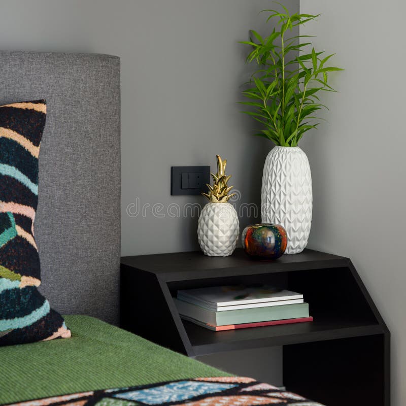 Simple Bedside Table with Stylish Decorations, Close-up Stock Photo ...
