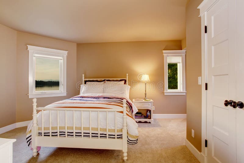 Simple Beige Bedroom Interior with Carpet Floor and Two Windows. Stock ...