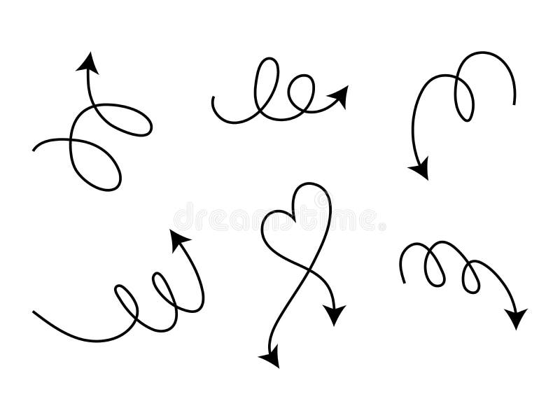 Simple Black Arrows with Swirls and Loops. Doodle Scribble Elements ...