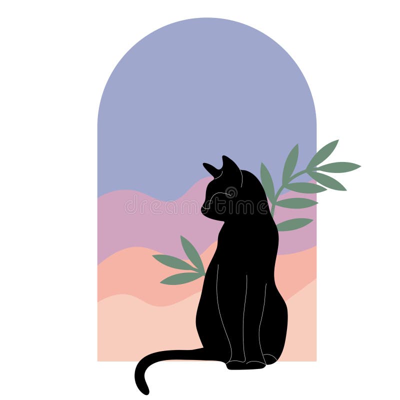 Simple Black Cat Sunset. Cat in Arch. Cat at the Window. Isolated ...