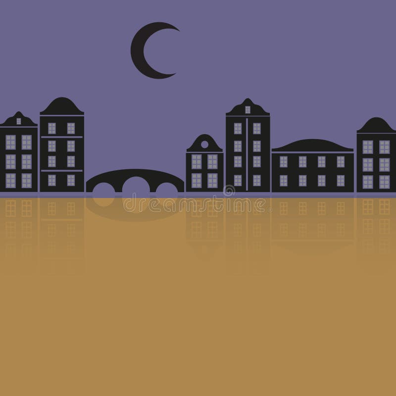 Simple Black Houses Reflecting in the Night Stock Illustration ...