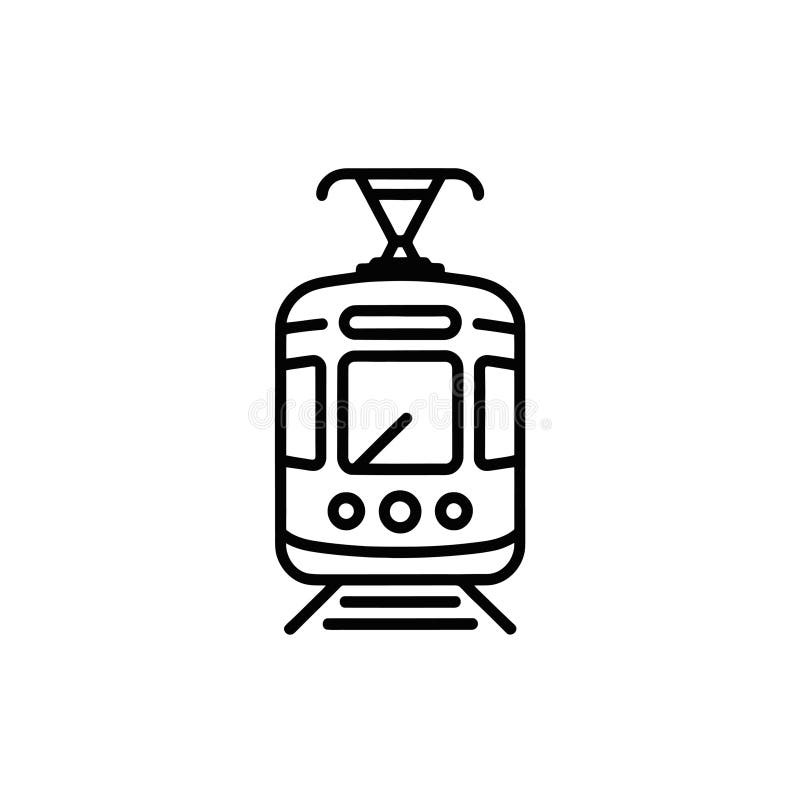 A Simple Black Line Drawing Depicts a Tram with Distinct Front Features ...