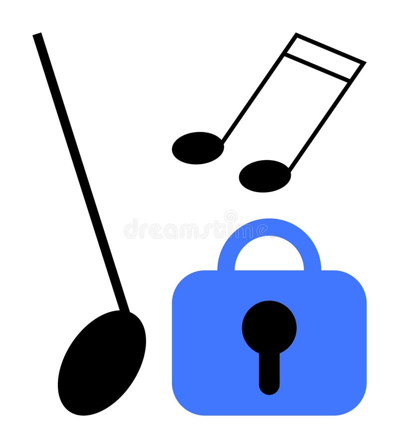 Musical Notes and Lock Symbol in Black and Blue Design Stock ...