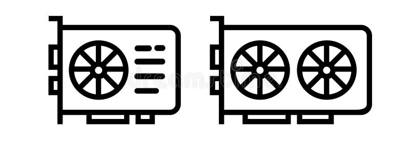Simple Black Outline Icons Representing a Graphics Processing Unit GPU or Video Card with Single ...