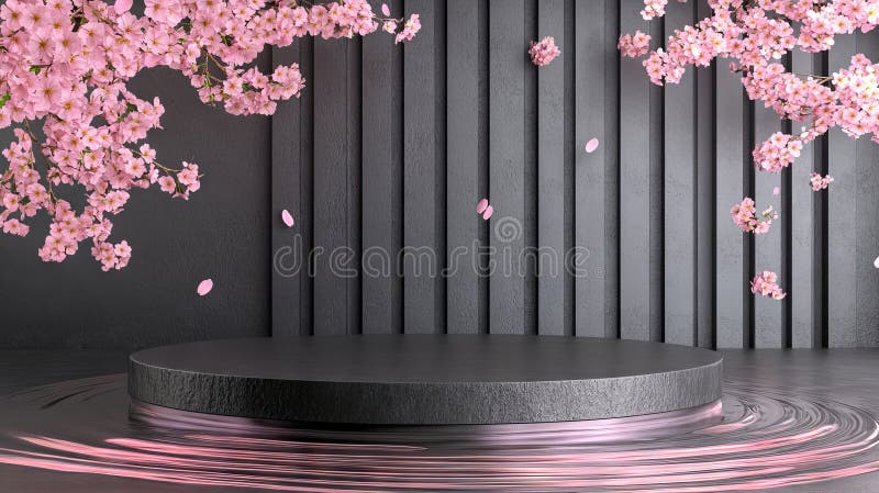 Simple Black Platform Display Featuring Water and Flowers Stock Image ...