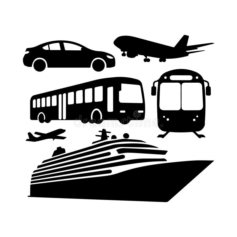 Simple Black Silhouette Icons of Various Transportation Modes Stock ...