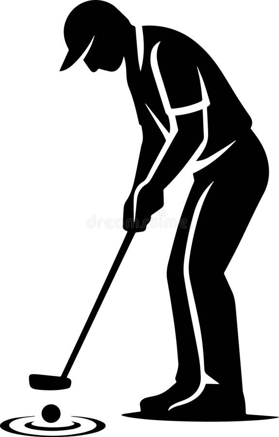 Simple Black Silhouette Vector of a Golfer in a Focused Putting Stance ...