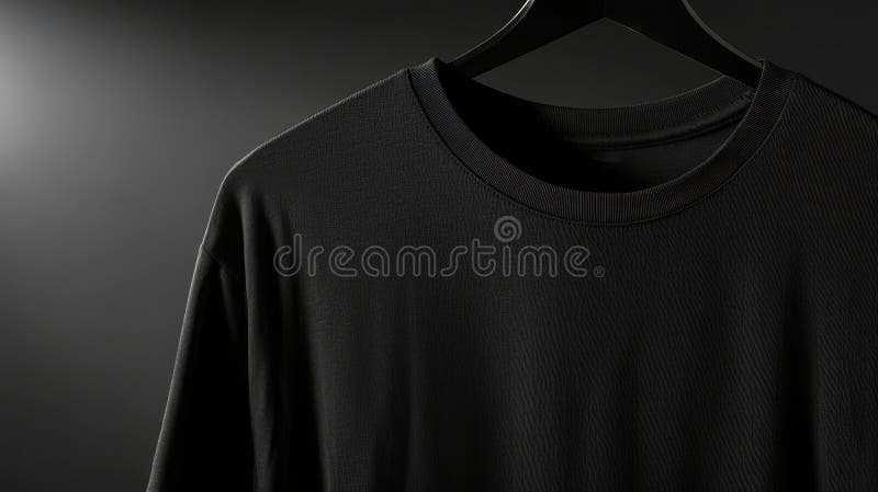 A Simple Black T-shirt is Displayed on a Hanger, Illuminated by Soft ...