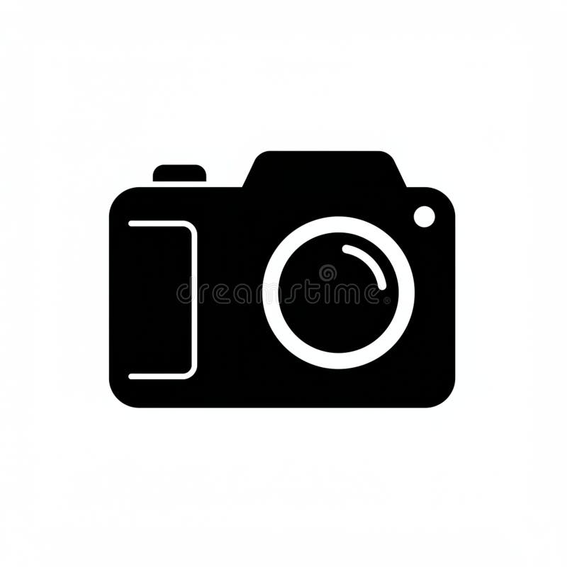 Simple Black and White Camera Icon Featuring a Rectangular Body with a Prominent Circular Lens ...