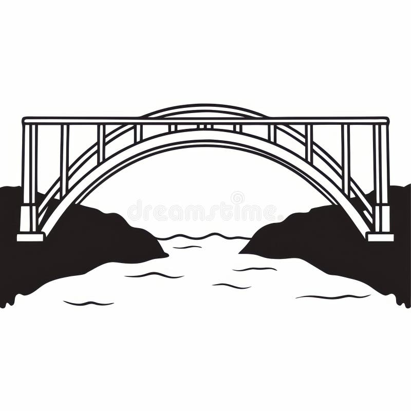 Simple Black and White Drawing of Arch Bridge Over River with ...