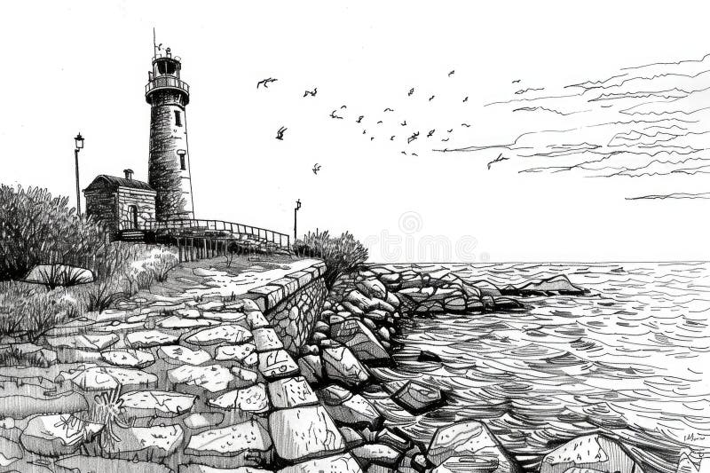 A Simple Black and White Drawing of a Classic Lighthouse with a ...