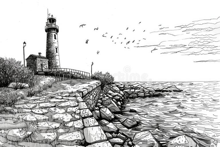 A Simple Black and White Drawing of a Classic Lighthouse with a ...