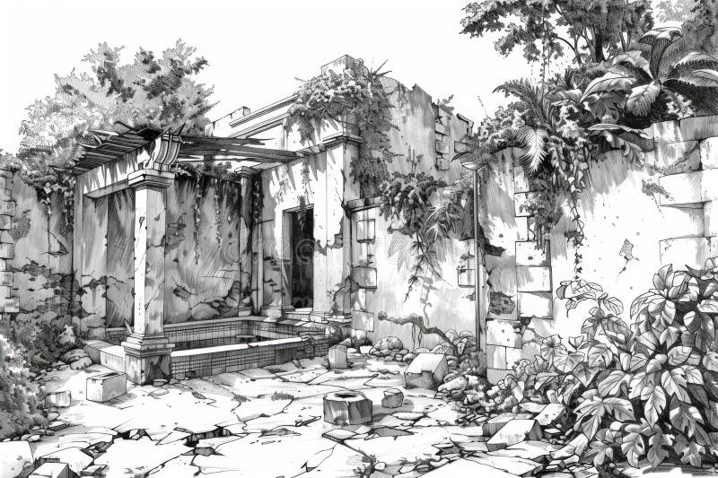 Simple Black and White Drawing of a Courtyard, Suitable for ...