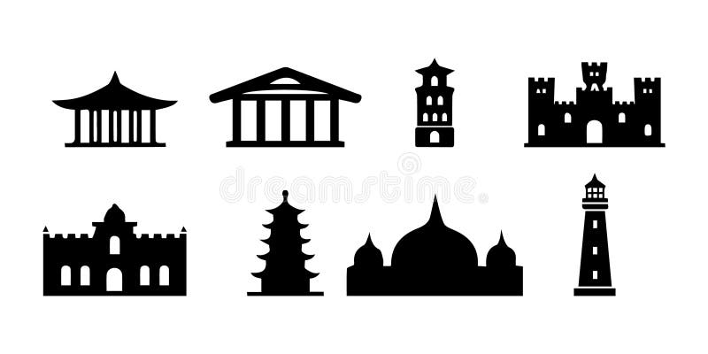 Simple Black and White Icons of Iconic World Landmarks Stock ...